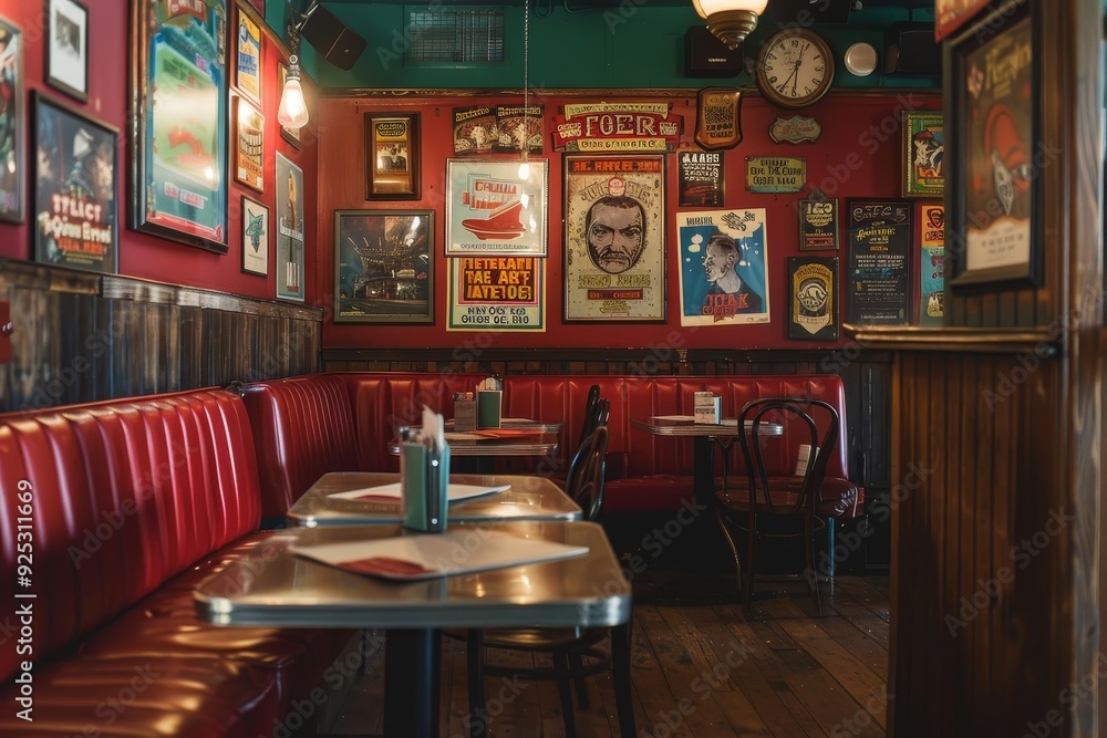 A restaurant featuring red booths and retro posters on the wall ...