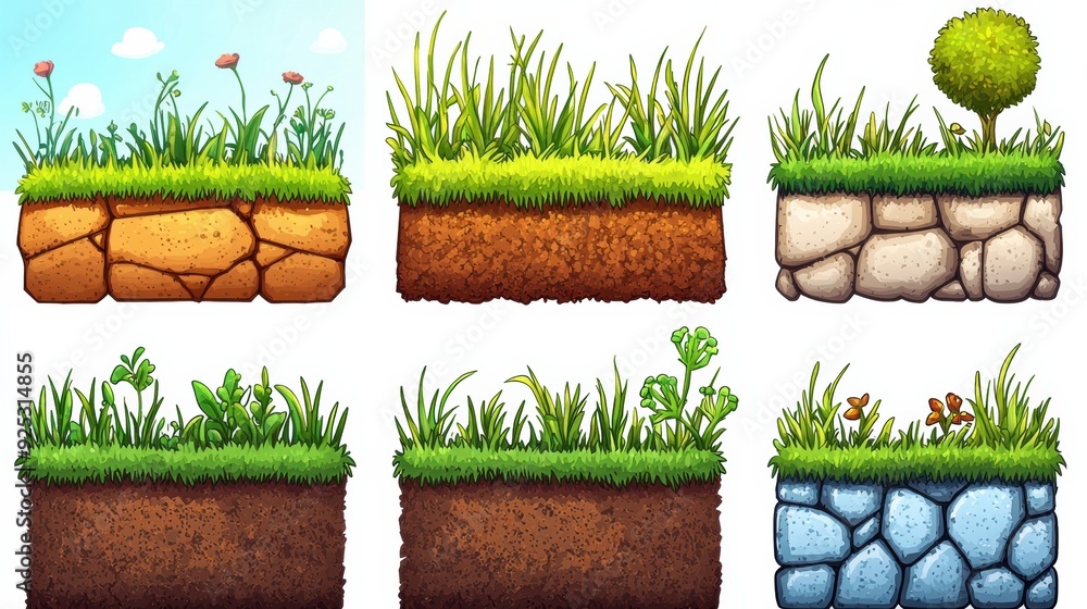 Colorful 8-bit grass and dirt tiles for retro games featuring pixelated ...