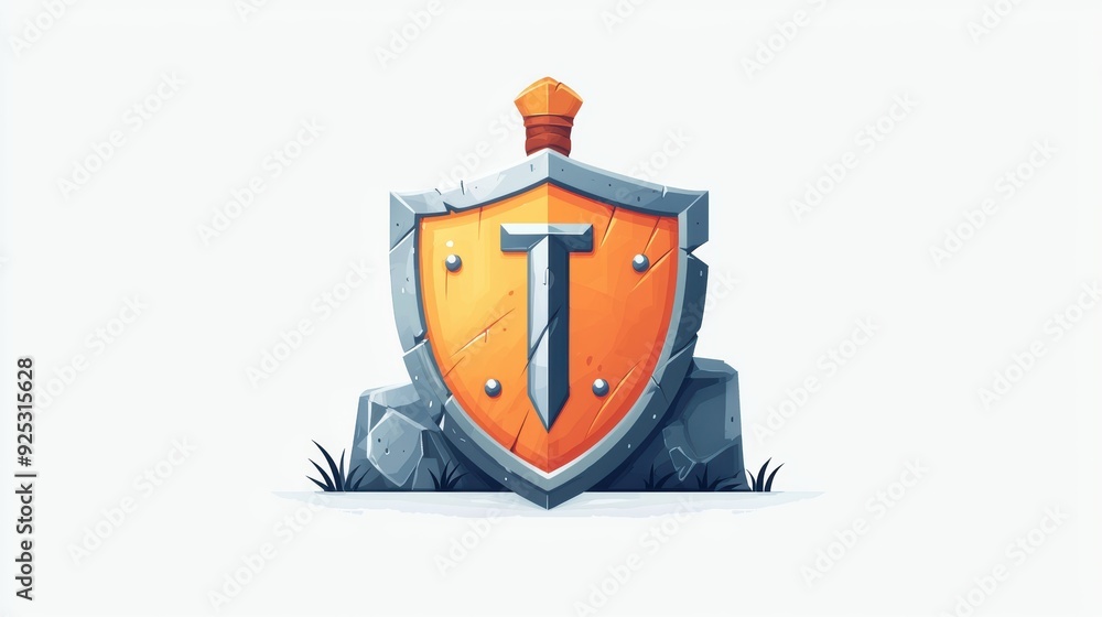 3d pixel shield icon with a sword and stone base, showcasing a vibrant ...