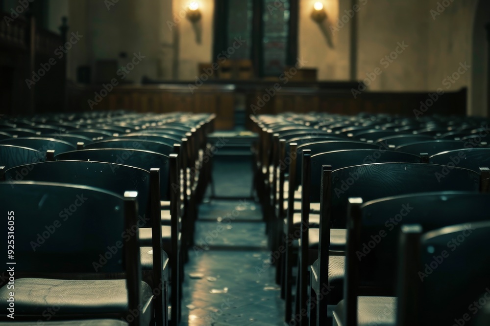 Rows of empty chairs neatly arranged in a dimly lit church interior ...