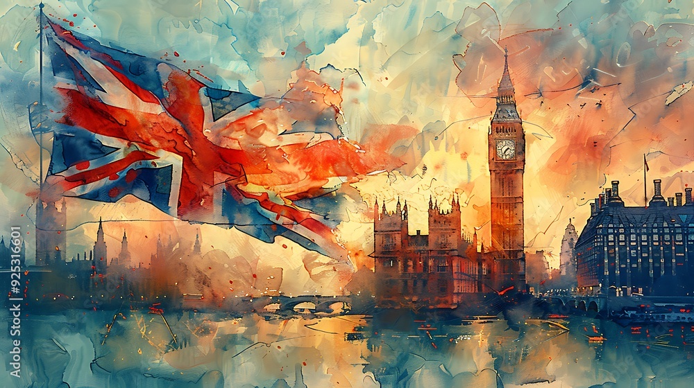 Watercolor depiction of the Union Jack, flowing gracefully against a ...