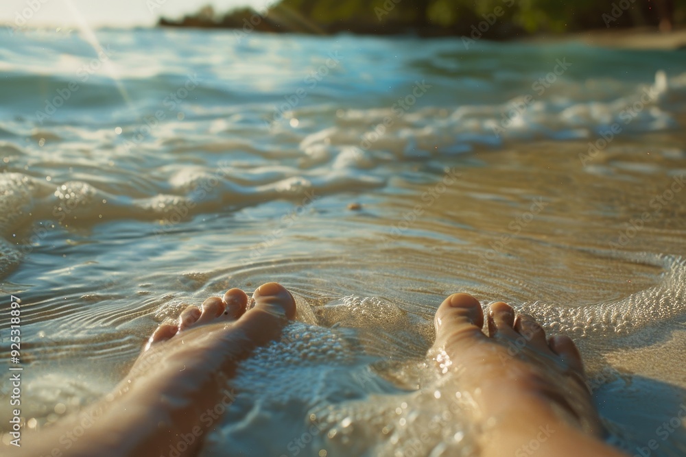 A persons feet resting in the water on a sandy beach, Sand between toes ...