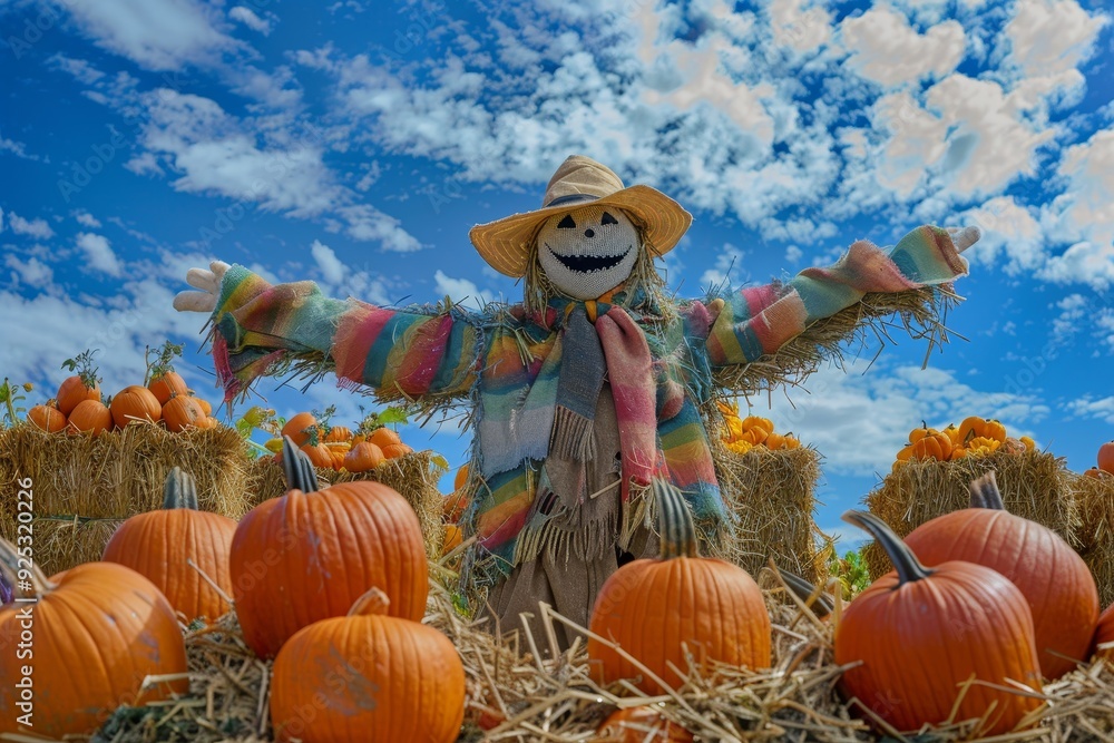 A scarecrow towering over a field of pumpkins and colorful haystacks ...