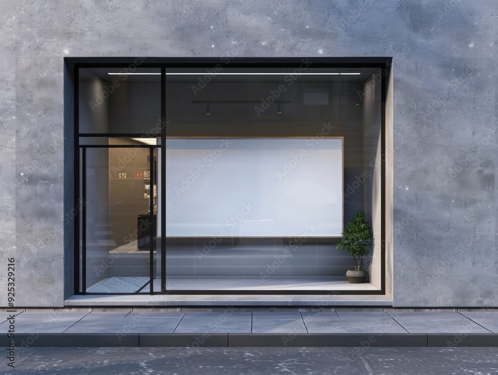 The image shows a modern storefront with large glass windows. The ...