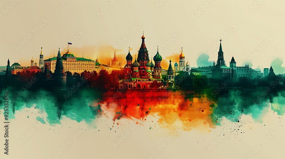 Render a watercolor illustration of the Russian flag as the background ...