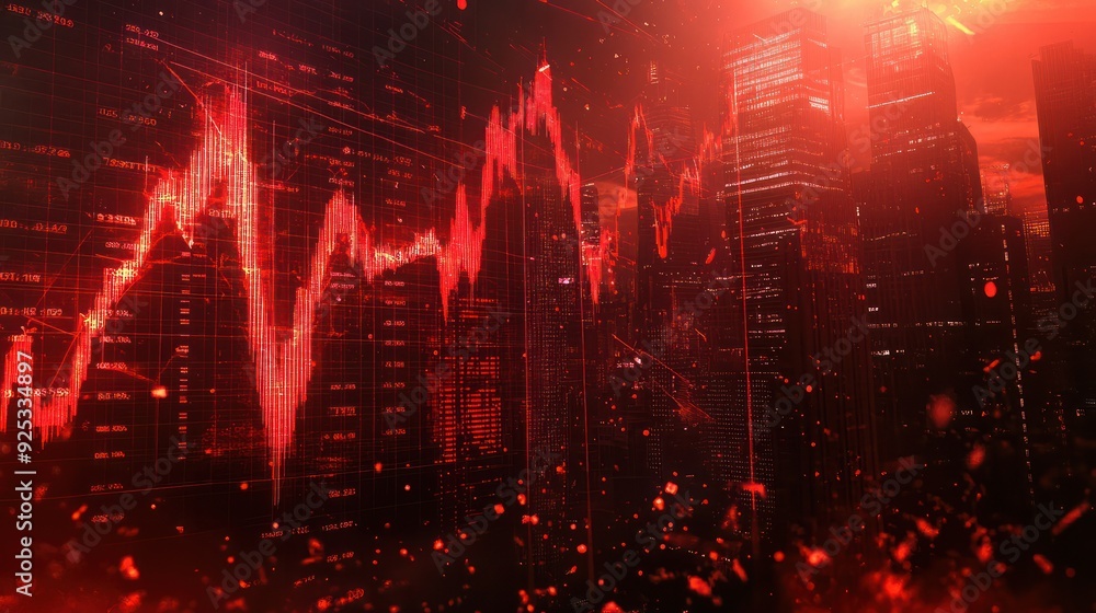 An impactful image representing a stock market crash. Red graphs ...