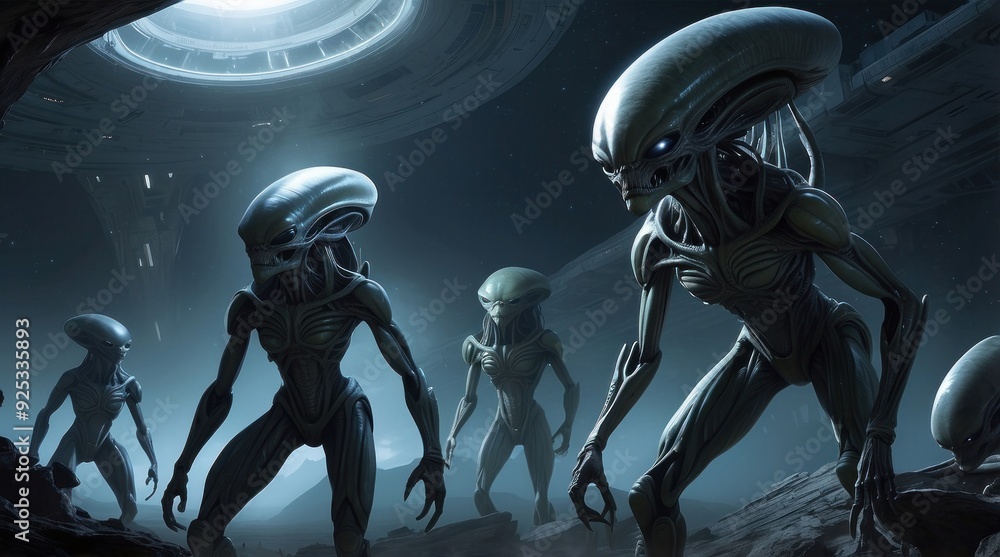 aliens with elongated heads and dark sleek bodies standing against ...