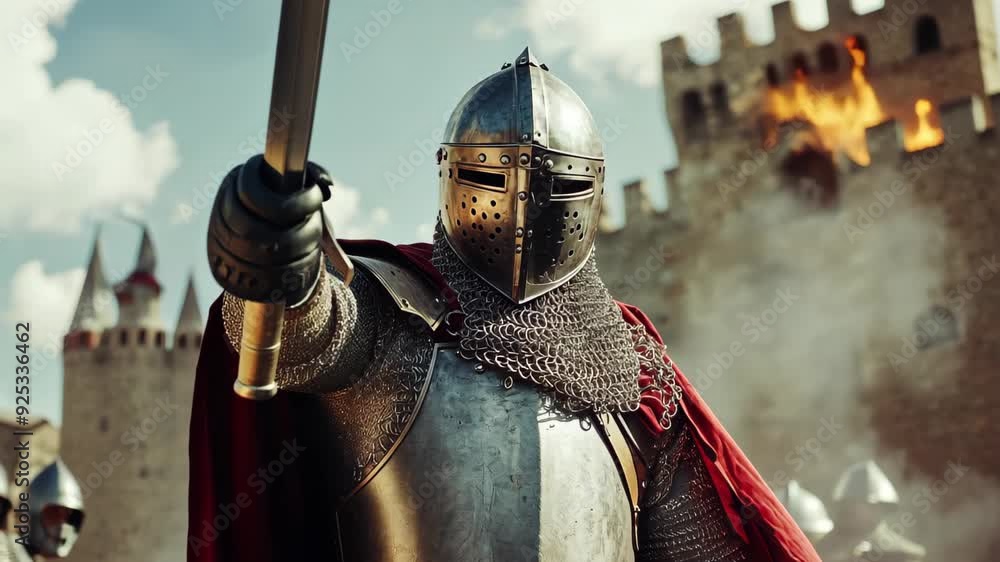 Medieval knight in full armor with sword during castle siege ...