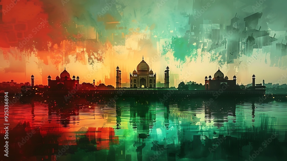 Compose a watercolor painting of the Indian flag as the backdrop, with ...