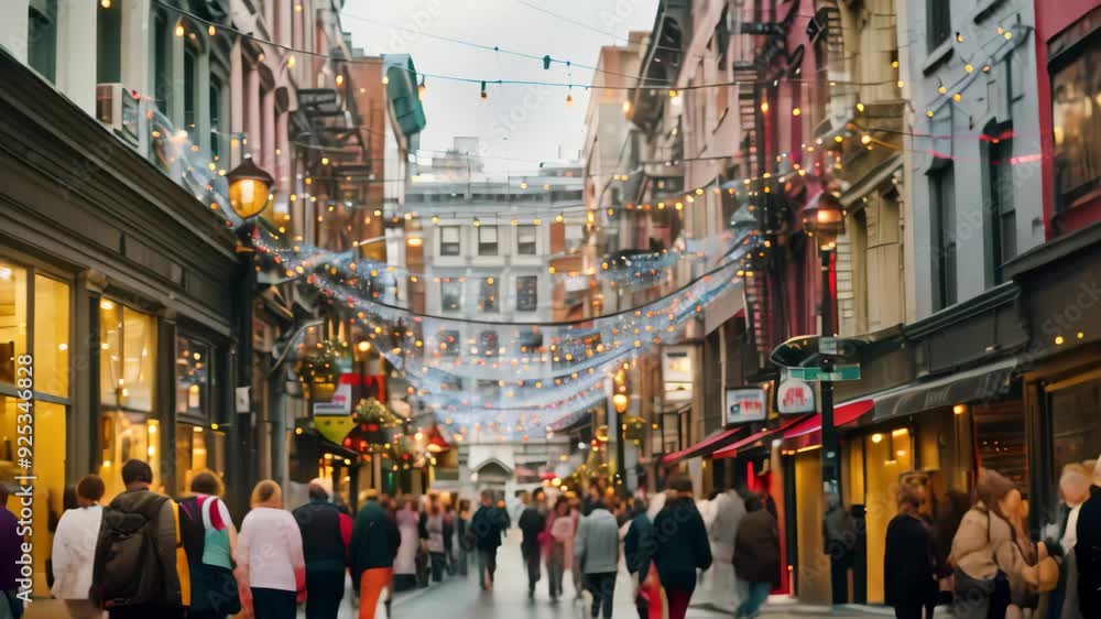 A Busy City Street Lined With Colorful Storefronts, Illuminated by ...