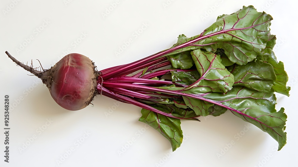 A single beetroot with its greens attached, lying on a white surface to ...