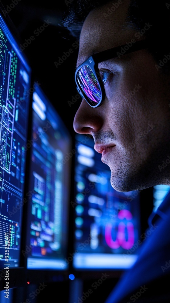 A computer hardware engineer analyzing data on dual monitors, with ...