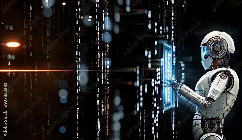 mascot robot with glowing blue eyes standing, with innovation and ...