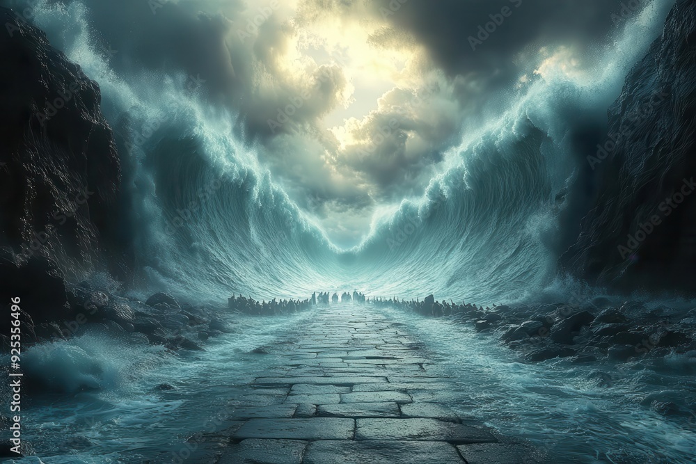 epic biblical scene of moses parting the red sea israelites crossing on ...