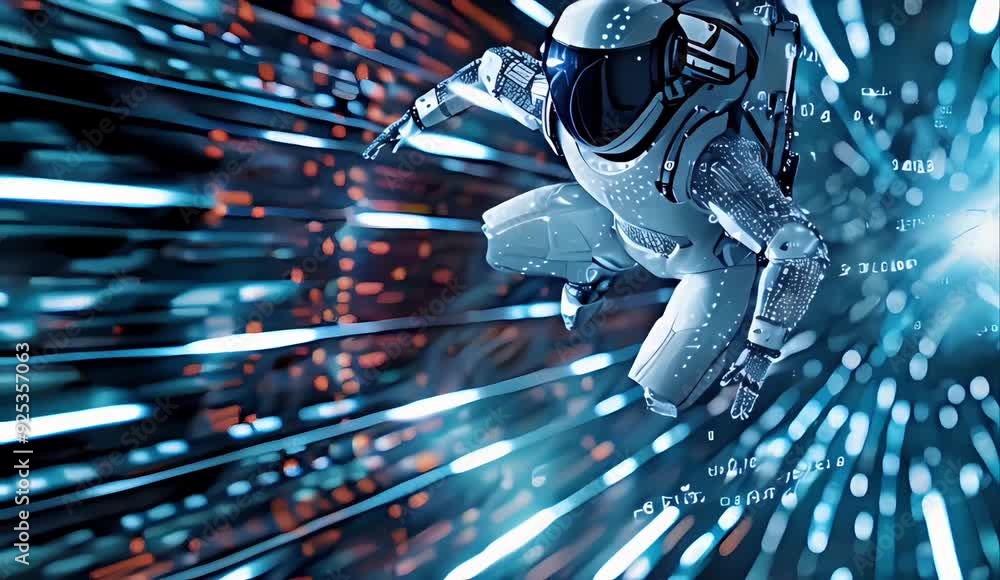 A futuristic robot flying in the air, wearing white and black armor ...