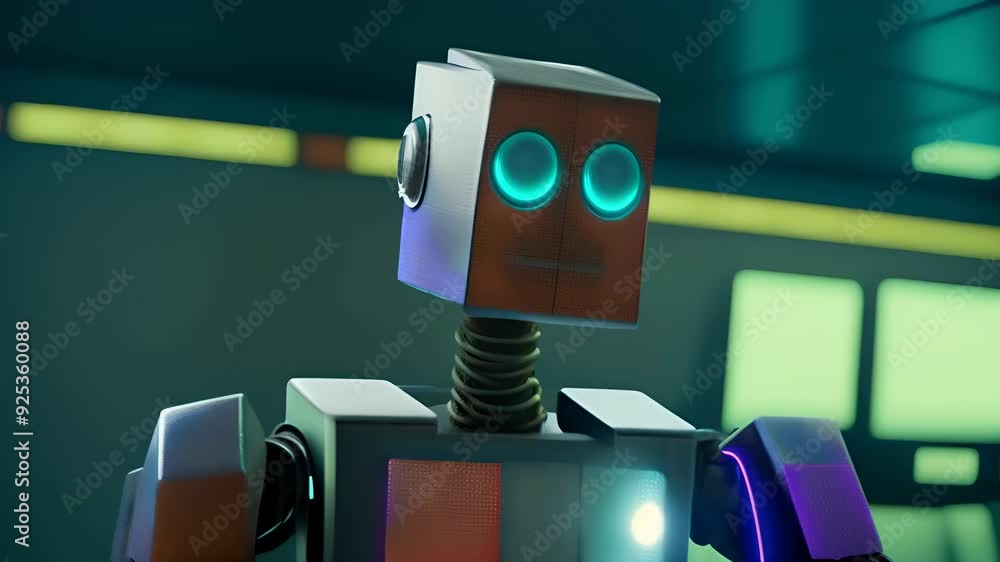 Video of quirky, retro-styled robot with glowing cyan eyes in ...