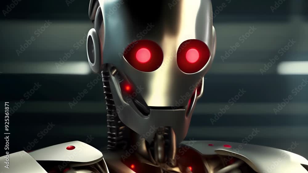 Video of sleek, skeletal humanoid robot with glowing red eyes, set in ...