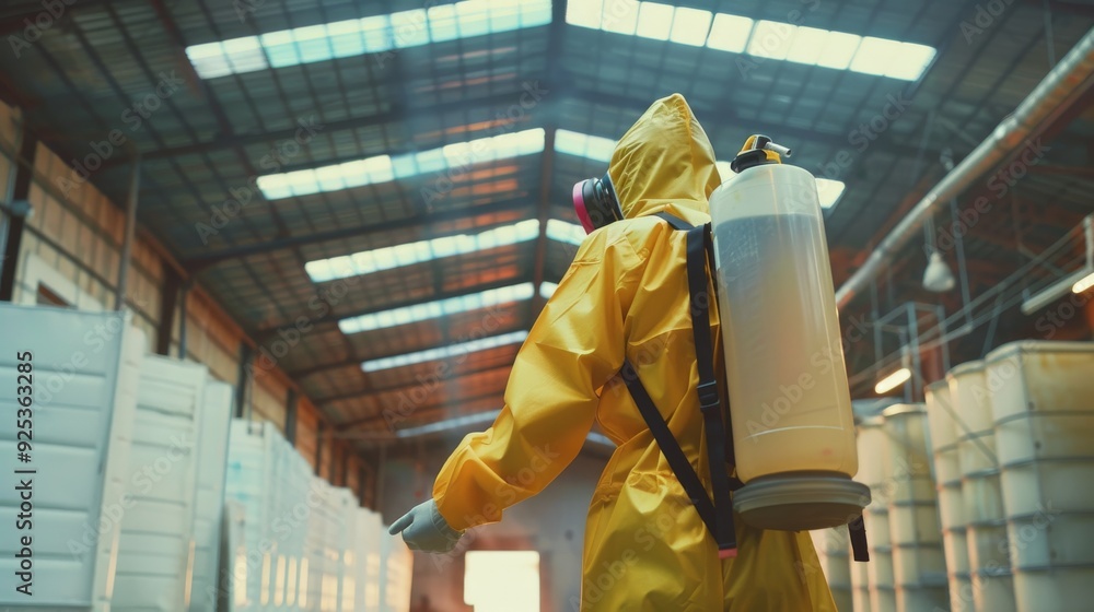 A person in a yellow hazmat suit with a sprayer on their back walks ...