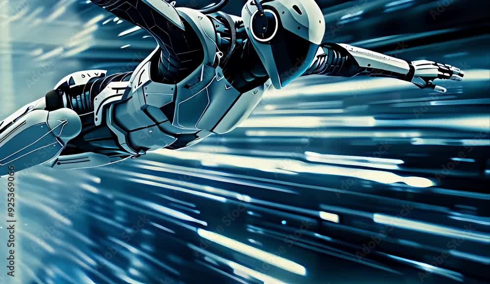 A futuristic robot flying in the air, wearing white and black armor ...