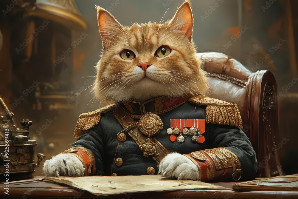 feline commander anthropomorphic cat in ornate military uniform regal ...