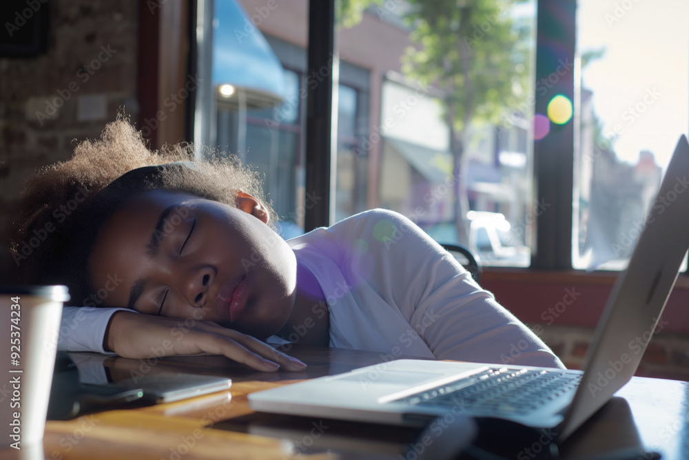 Young woman with curly hair napping at a cafe table with her head on ...