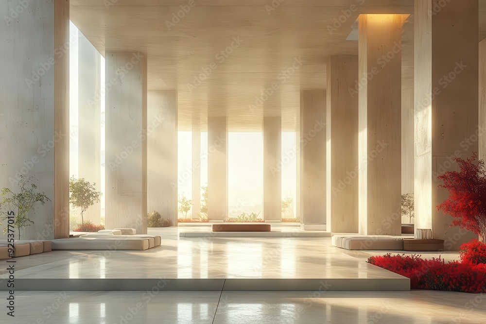futuristic minimalist atrium with soaring concrete pillars bathed in ...