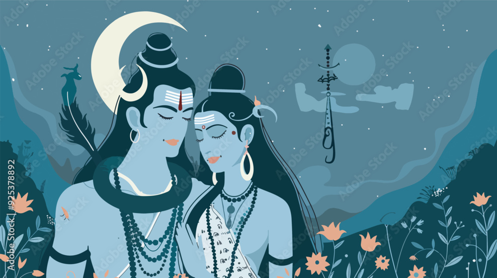 Lord Shiva Parvati Mahadev Hindu God Goddess Spiritual Divine Illustration Crescent Moon Trishul ...