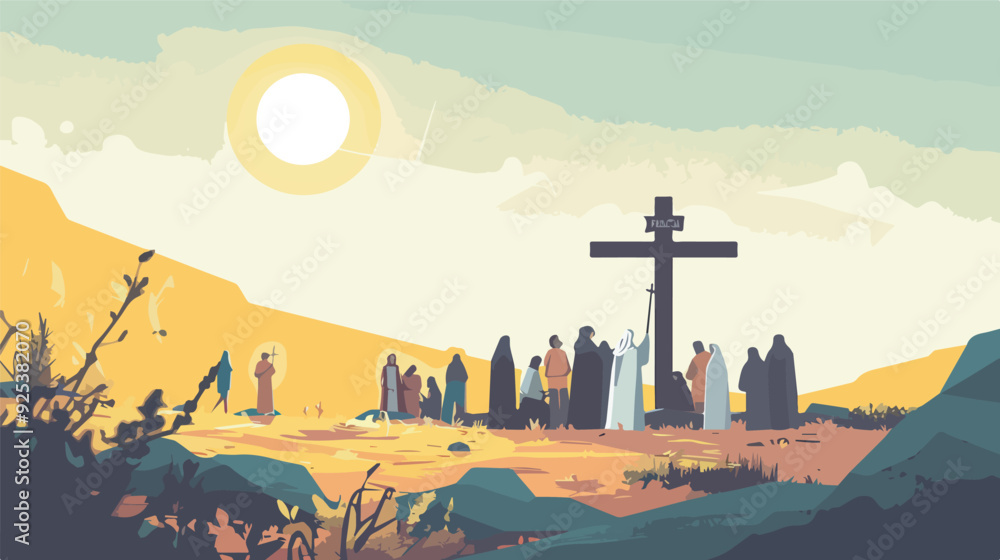 Religious scene with cross disciples and sun shining transparent ...