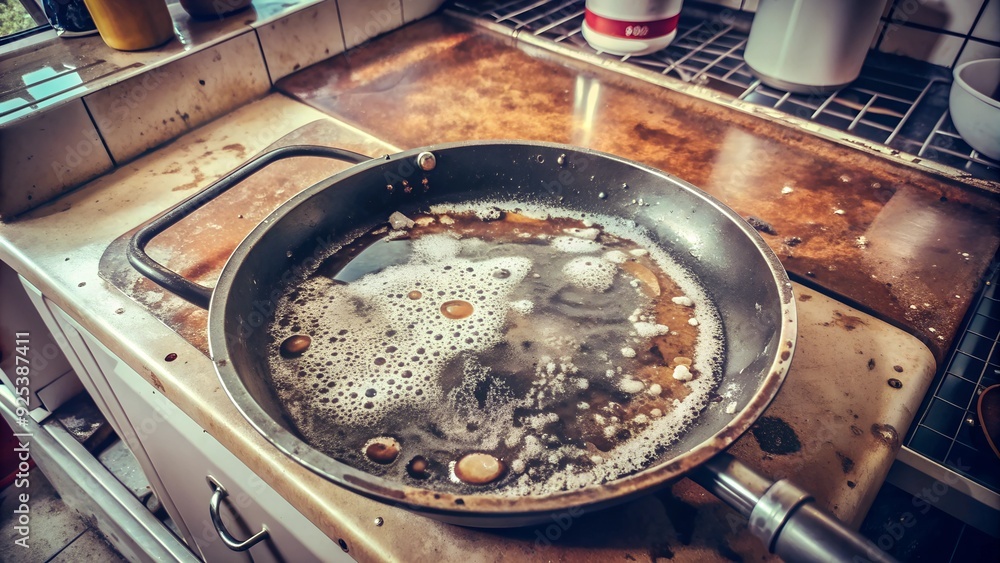 dirty pan in kitchen, needing a wash with soapy water Stock Photo ...