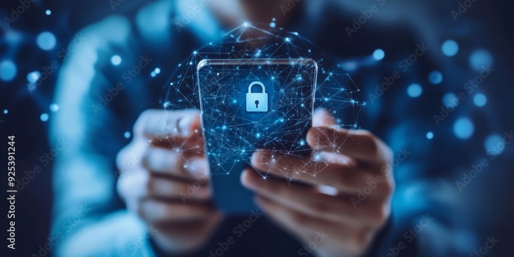 Cyber Security Network Personal Data Protection Concept Man Using Mobile Phone For Digital