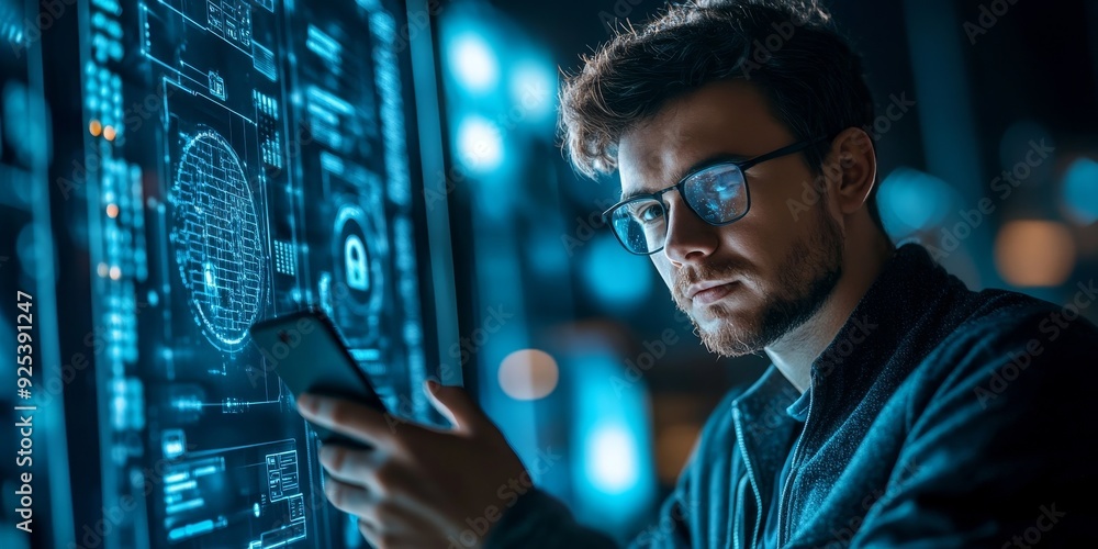 Cyber security network, personal data protection concept. Man using ...