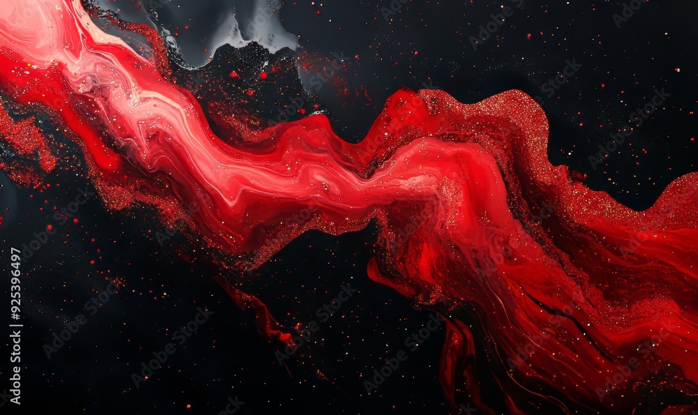 Paint pouring. Glitter ink spill. Fluid mix. Red color dye stain ...