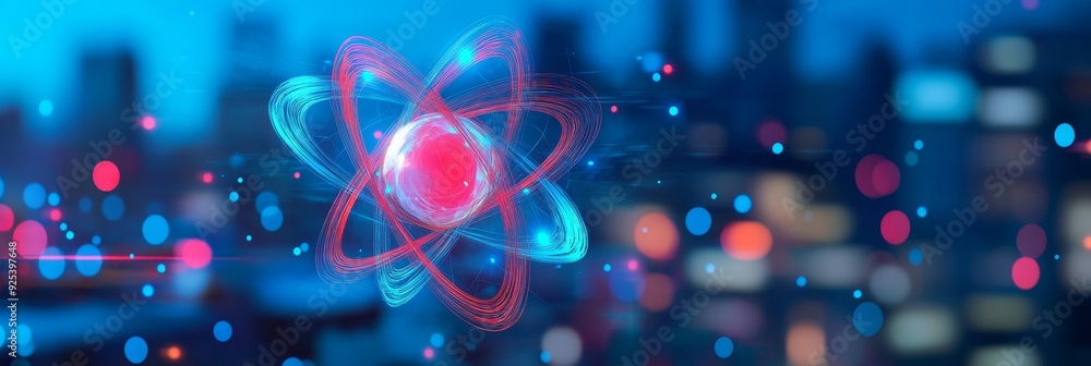 Atom Symbol in Cityscape with Blurred Lights - A glowing atom symbol ...