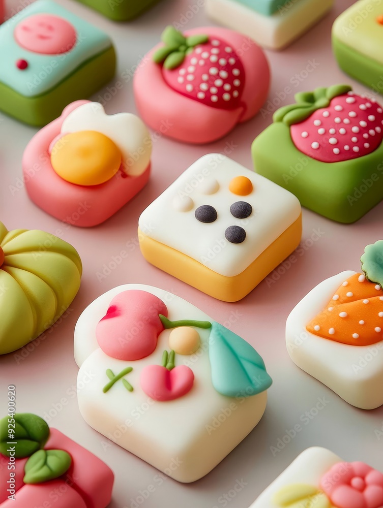 Colorful Japanese Wagashi Confections with Fruit Designs - A close-up ...