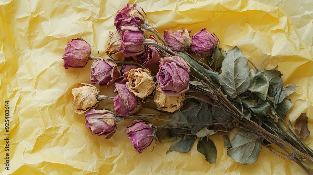 Dried Roses on Yellow Paper Background - A bouquet of dried roses on a ...
