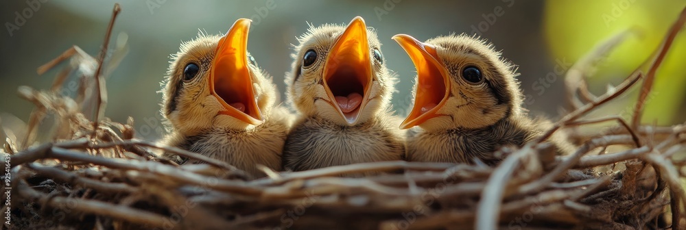 Three Baby Birds in Nest with Open Mouths - Three baby birds in a nest ...