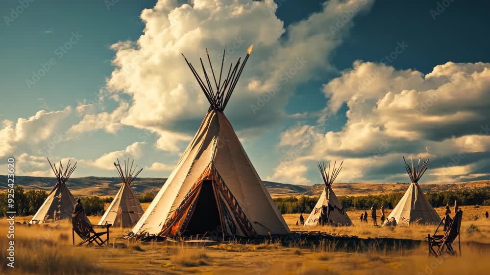 Traditional Native American teepee tents in a scenic landscape under ...
