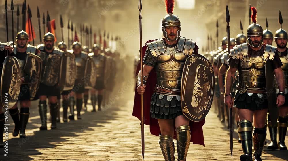 Ancient Roman soldiers marching in formation with armor, shields, and spears, historical ...