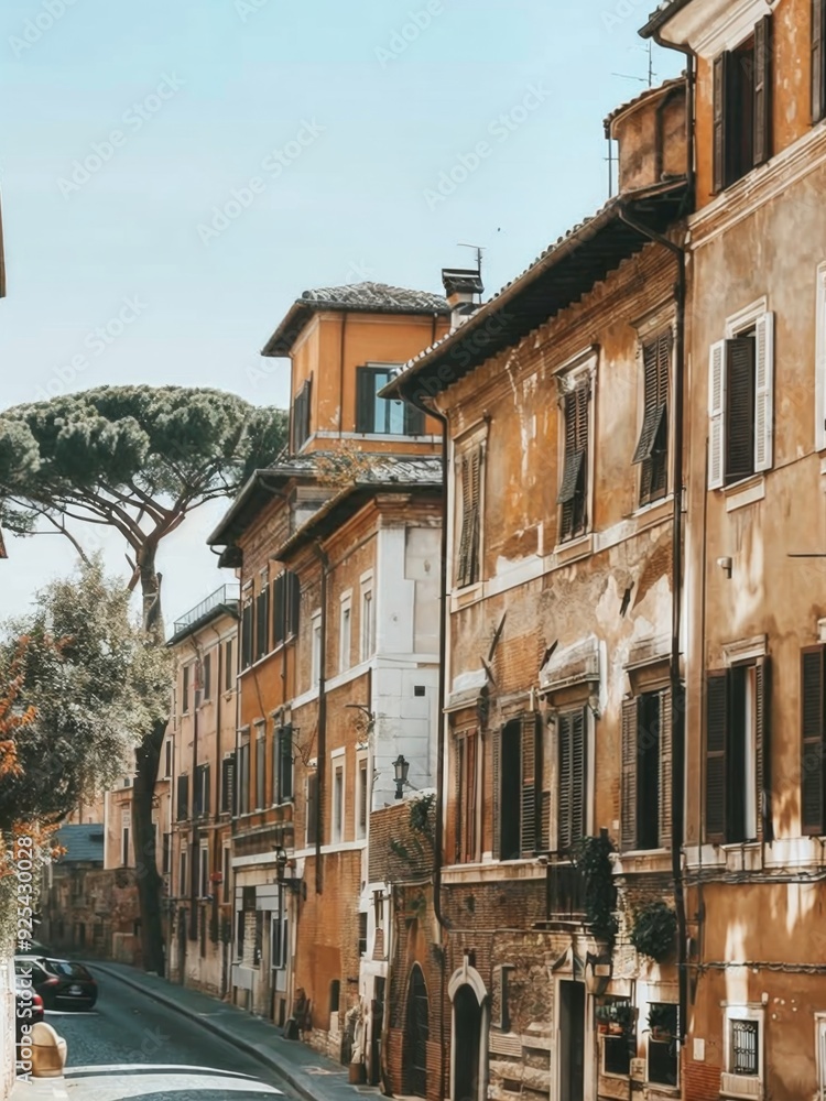 A picturesque street scene in an Italian city. The street is lined with ...