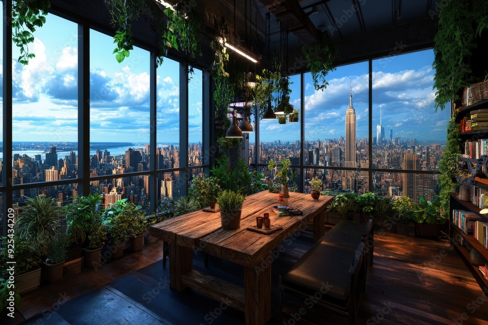 A high-rise workspace has vast windows revealing a breathtaking ...