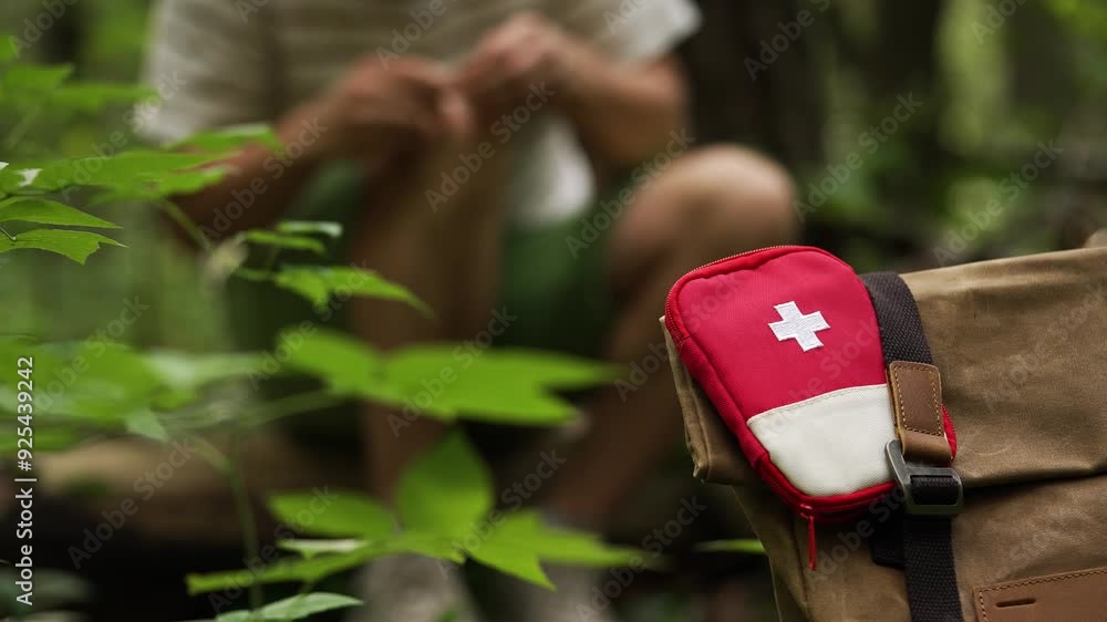 Close-up of a hiker backpack with a visible first aid kit attached, set ...
