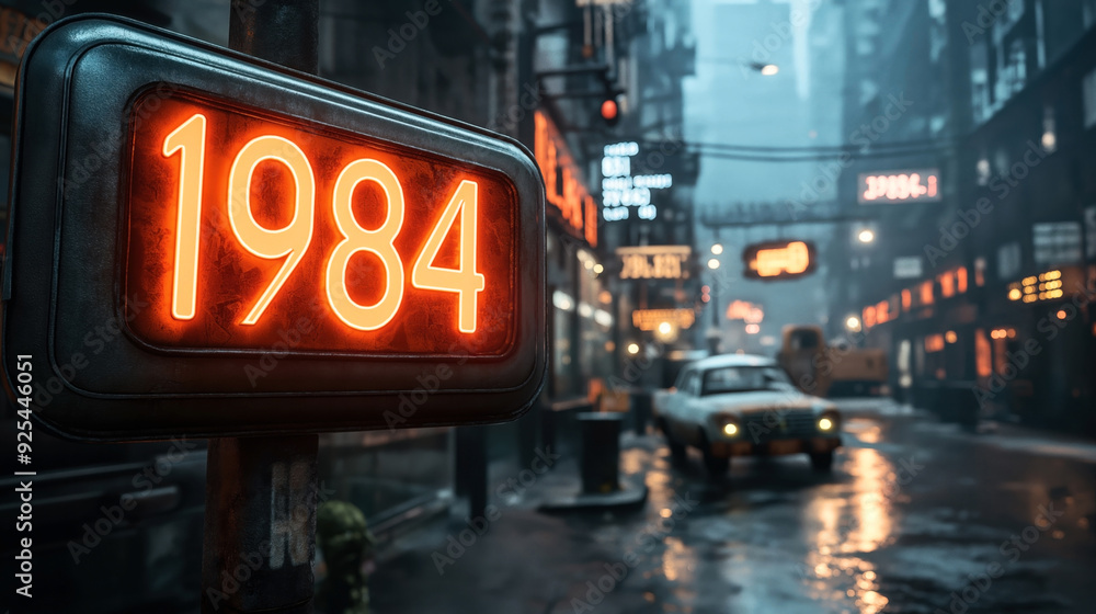 Neon sign showing the year 1984 in a rainy, dystopian city street with ...