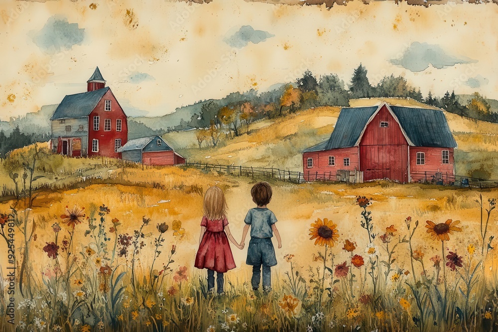 whimsical watercolor painting of children exploring vibrant barnyard ...