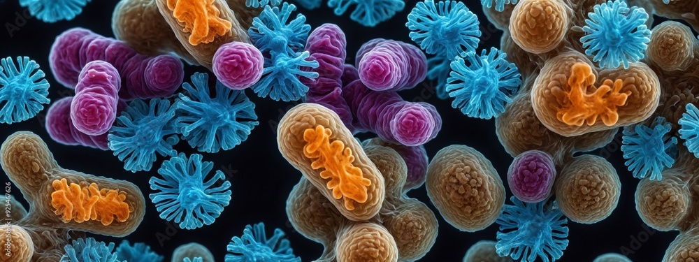 Collage of flu COVID-19 virus cells in blood under the microscope ...