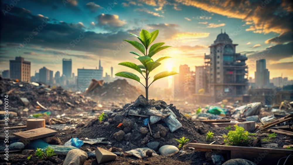 Alien plant thriving among piles of garbage in a dystopian landscape ...