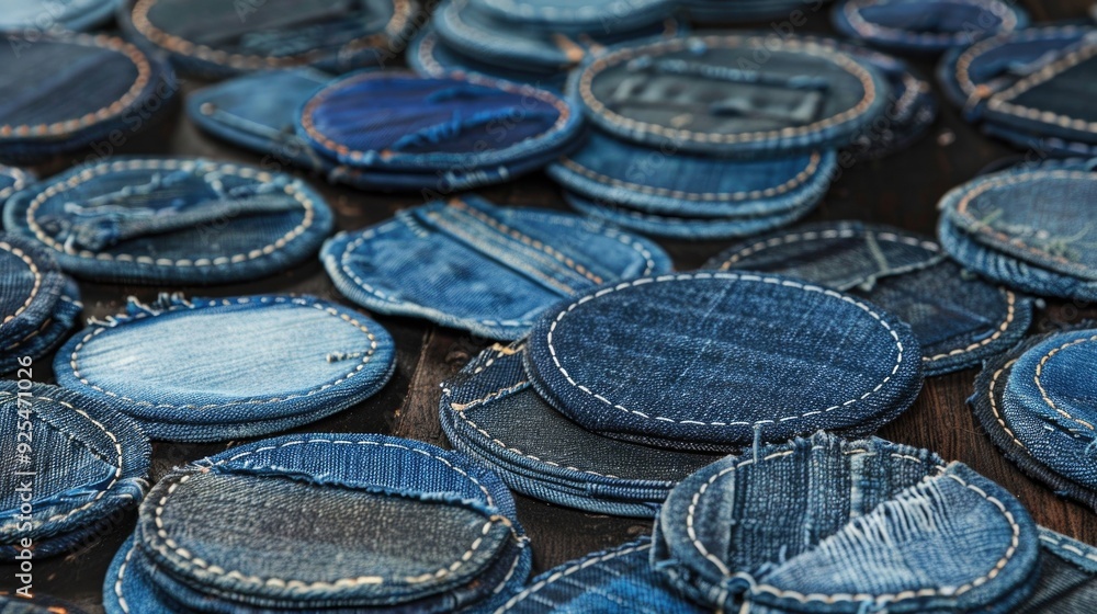 A collection of circular patches made from various denim fabrics ...