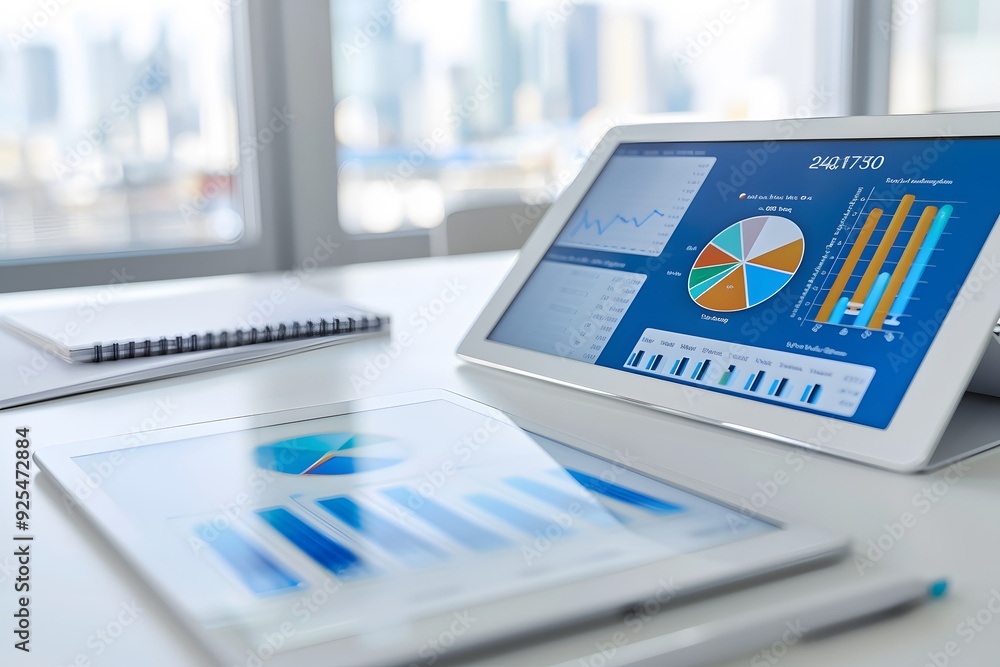 A clean, minimalistic workspace with a tablet displaying a pie chart ...