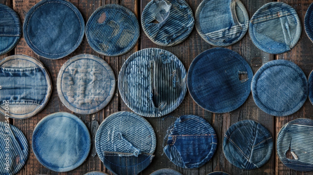 A collection of circular patches made from various denim fabrics ...