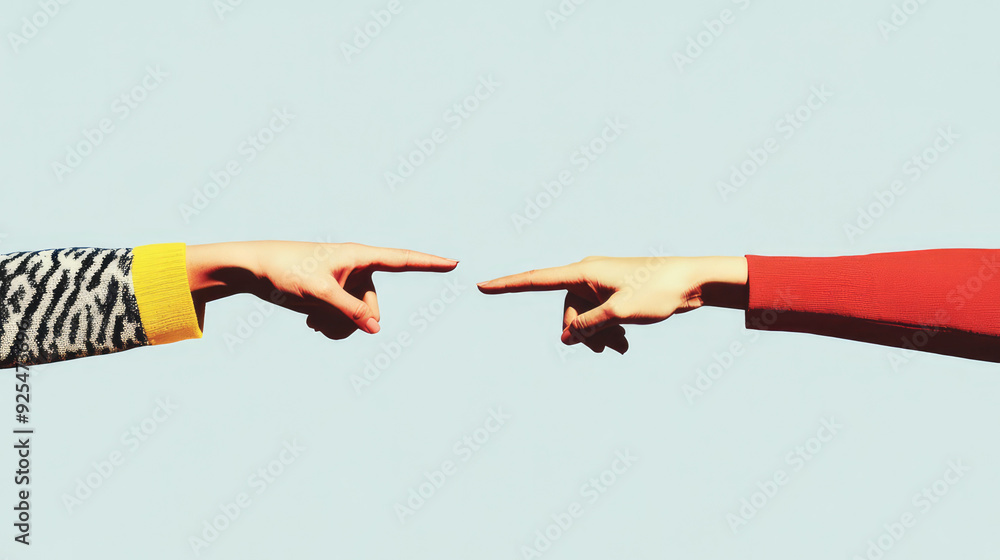 Two hands extend towards each other, almost touching, against a ...