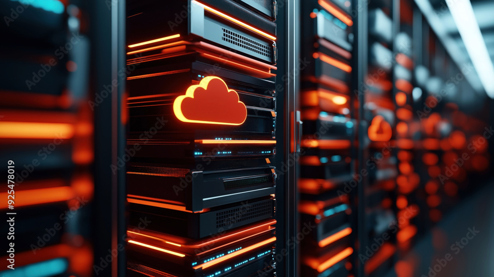 Modern data center server racks with vibrant orange and blue lighting ...